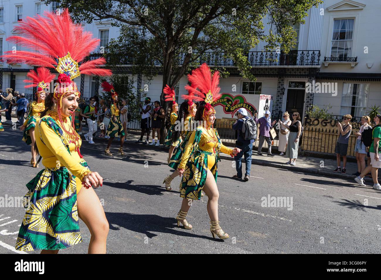 LONDON, UK - 25 Aug 2025: Performers in vibrant costumes and Brazilian ...