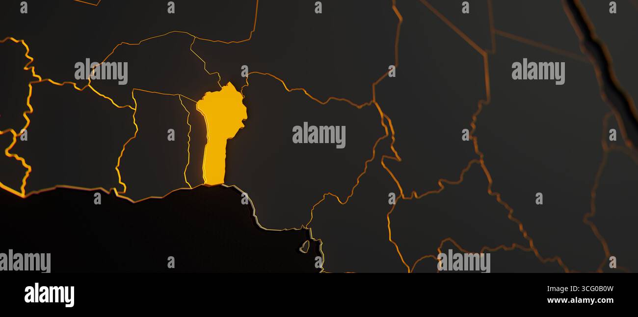 Golden Benin 3d map surrounded with other countries in black with ...
