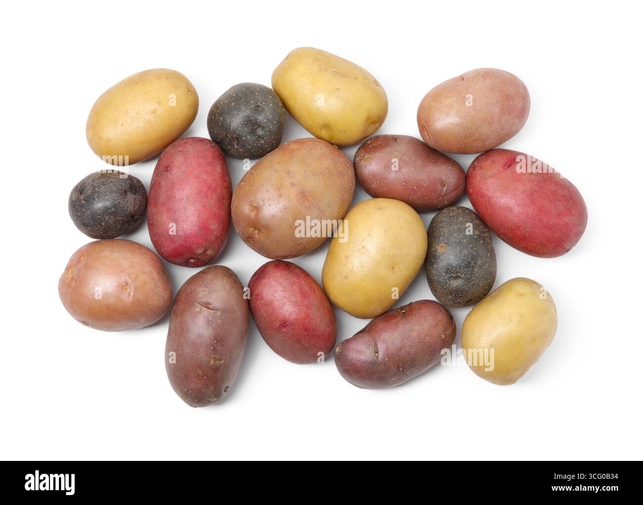 Different types of potatoes isolated on white, top view Stock Photo - Alamy