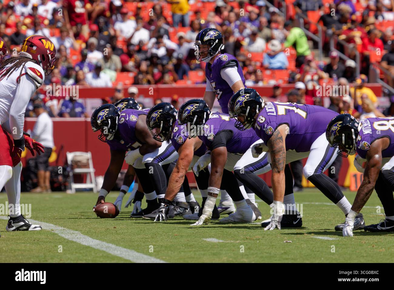 Baltimore offensive line during the 2025 preseason game between the ...