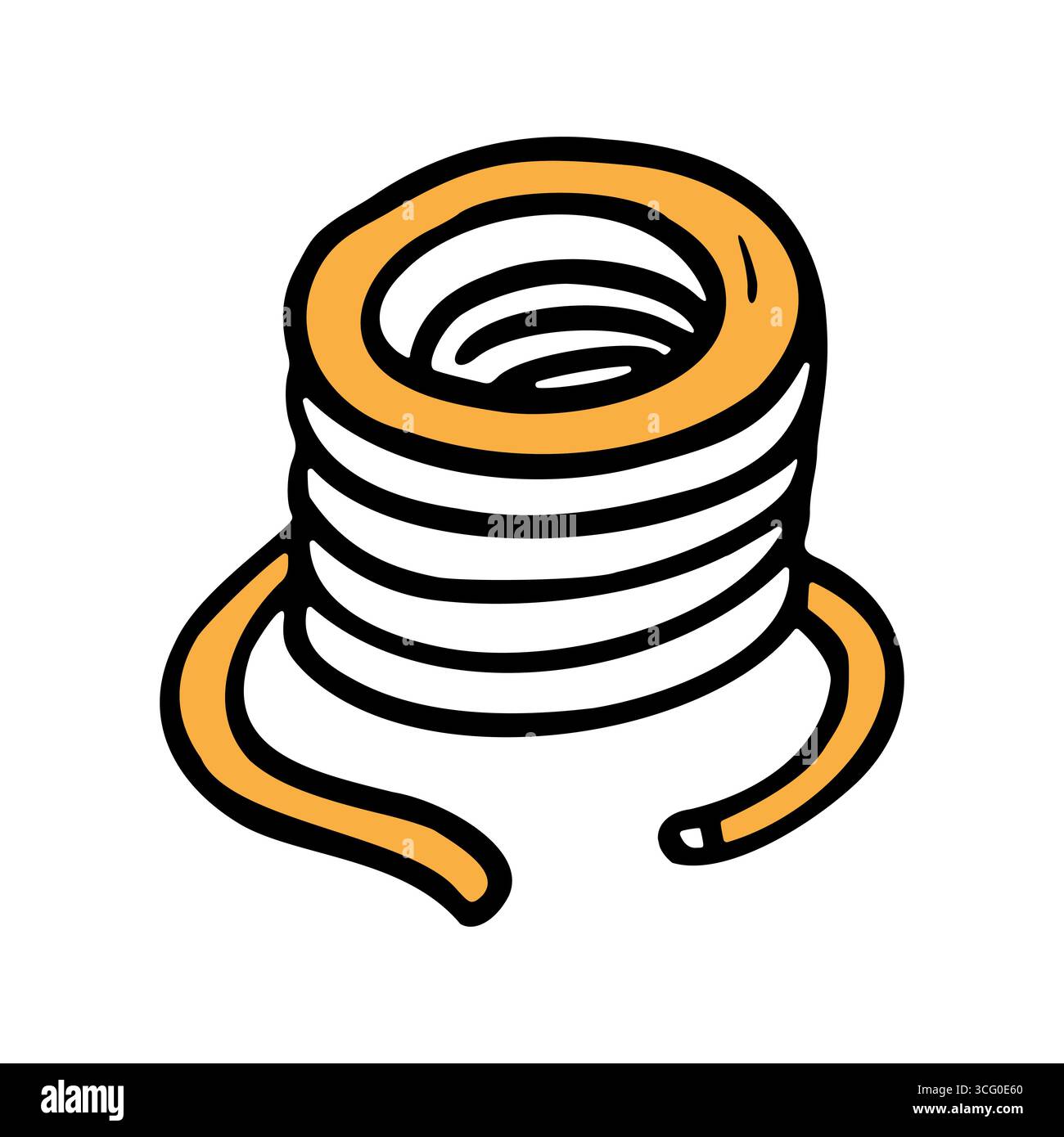 A coil of orange wire sits on a white background. The wire is neatly ...