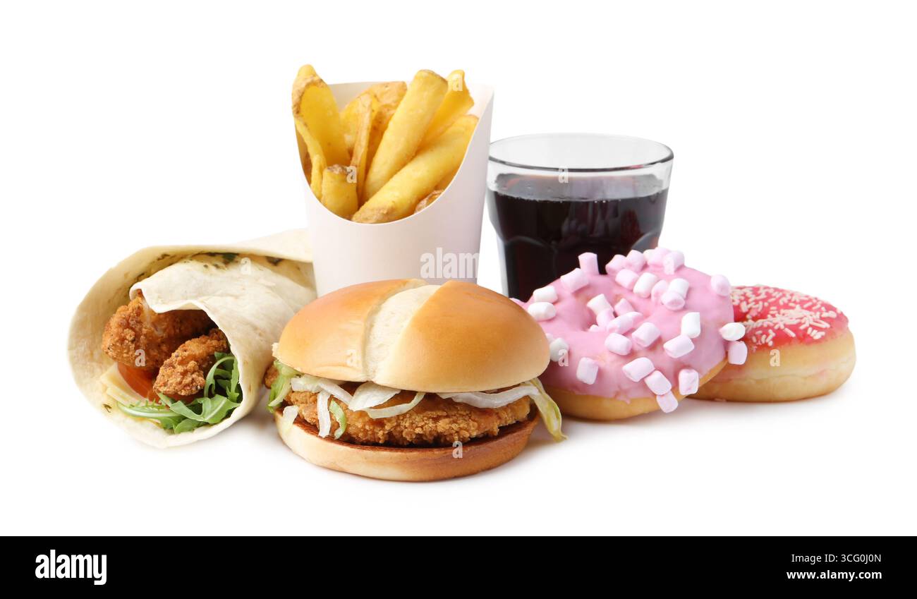 Different delicious fast food and cola isolated on white Stock Photo ...