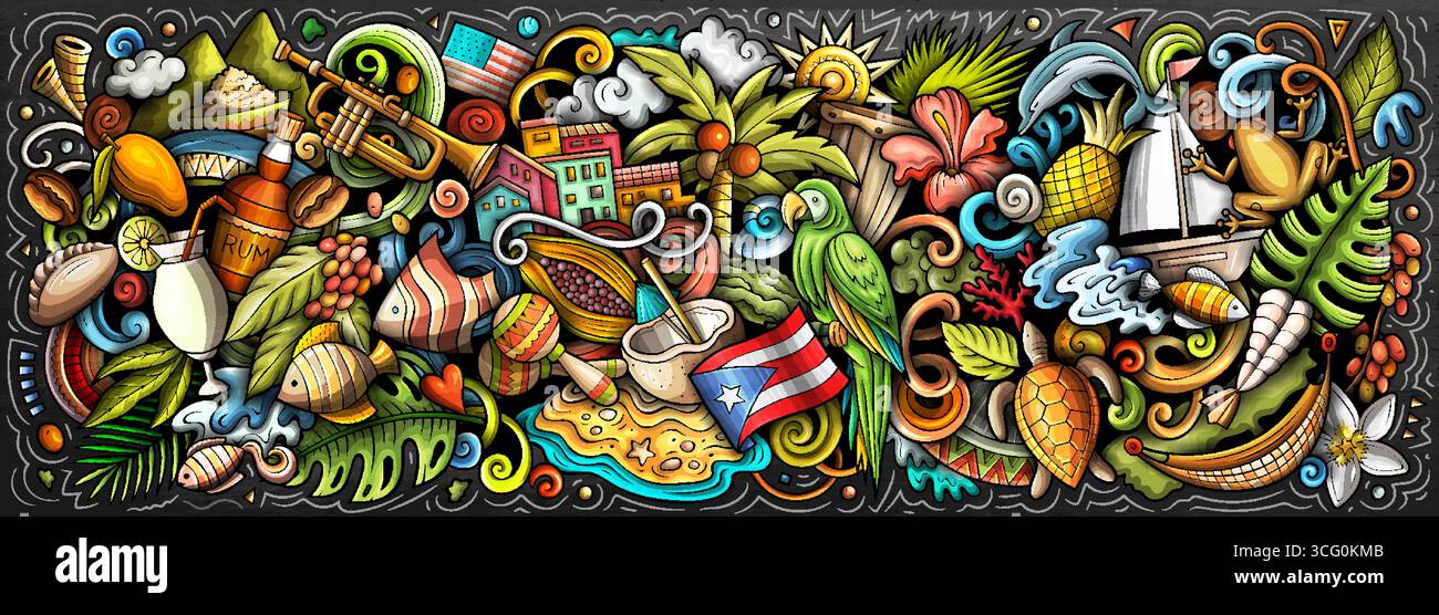 Puerto Rico cartoon chalk drawing doodle vector color banner. Funny ...