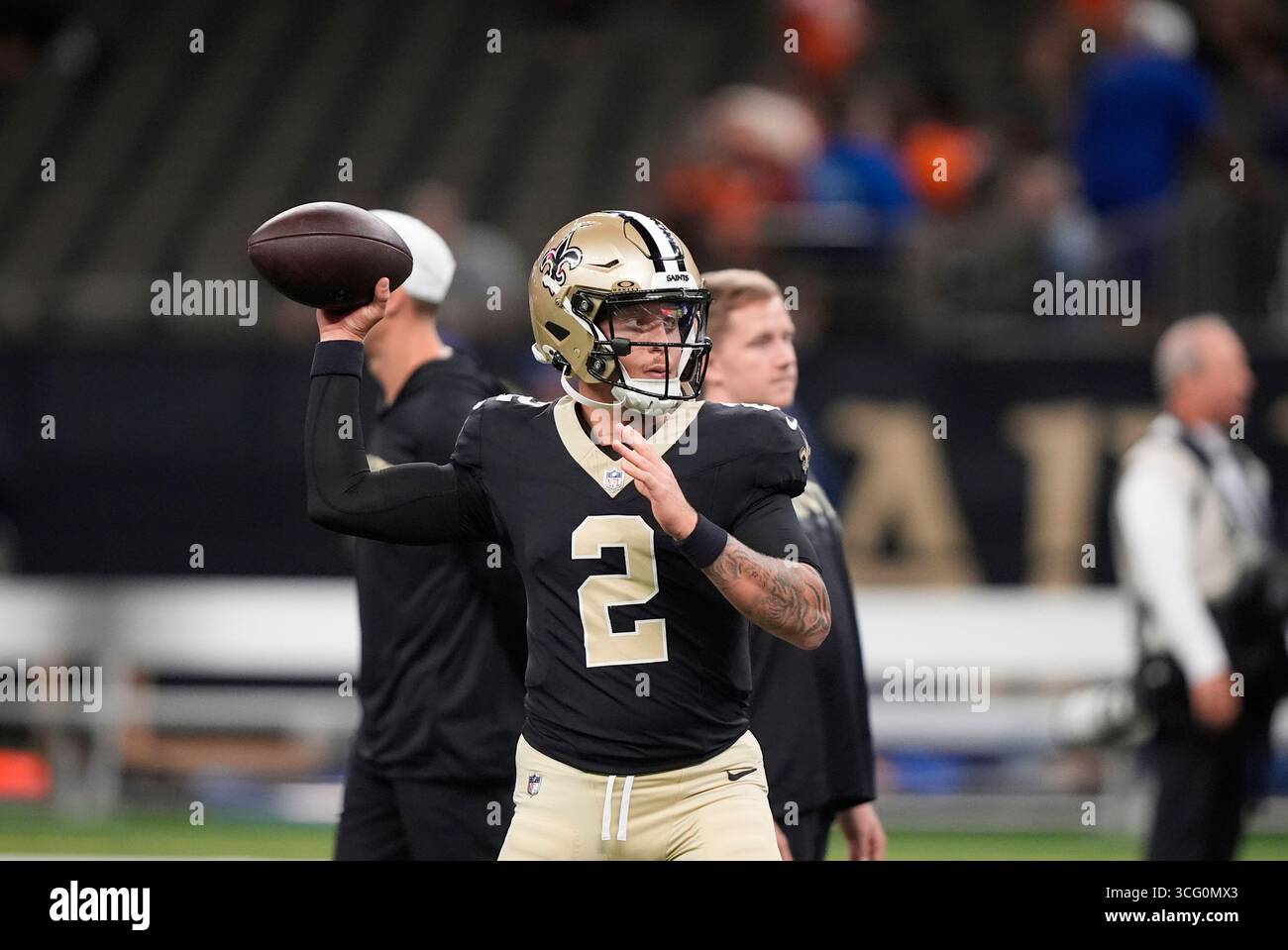 New Orleans Saints quarterback Spencer Rattler (2) warms up before a ...