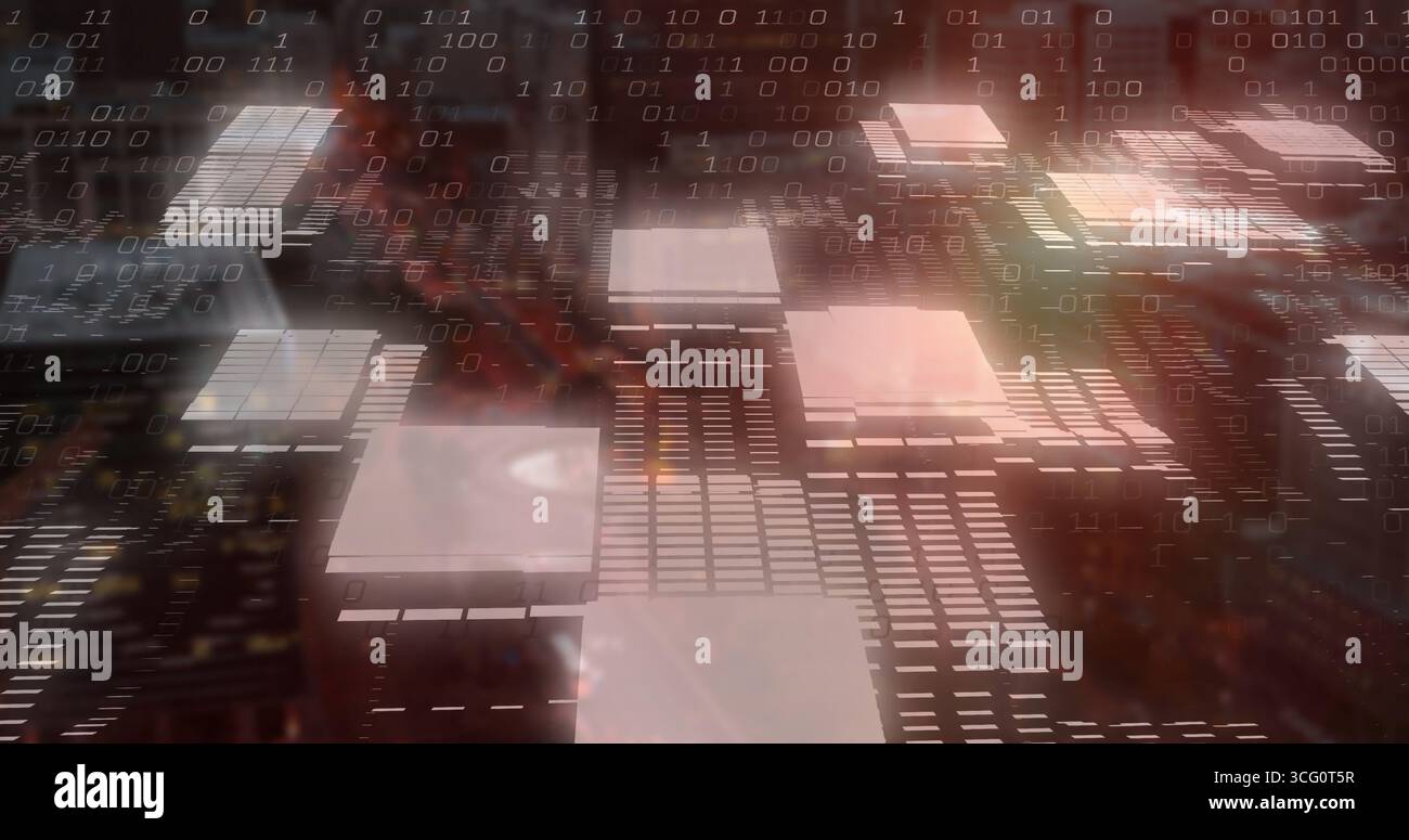 Floating square platforms forming staggered rows on digital circuit ...