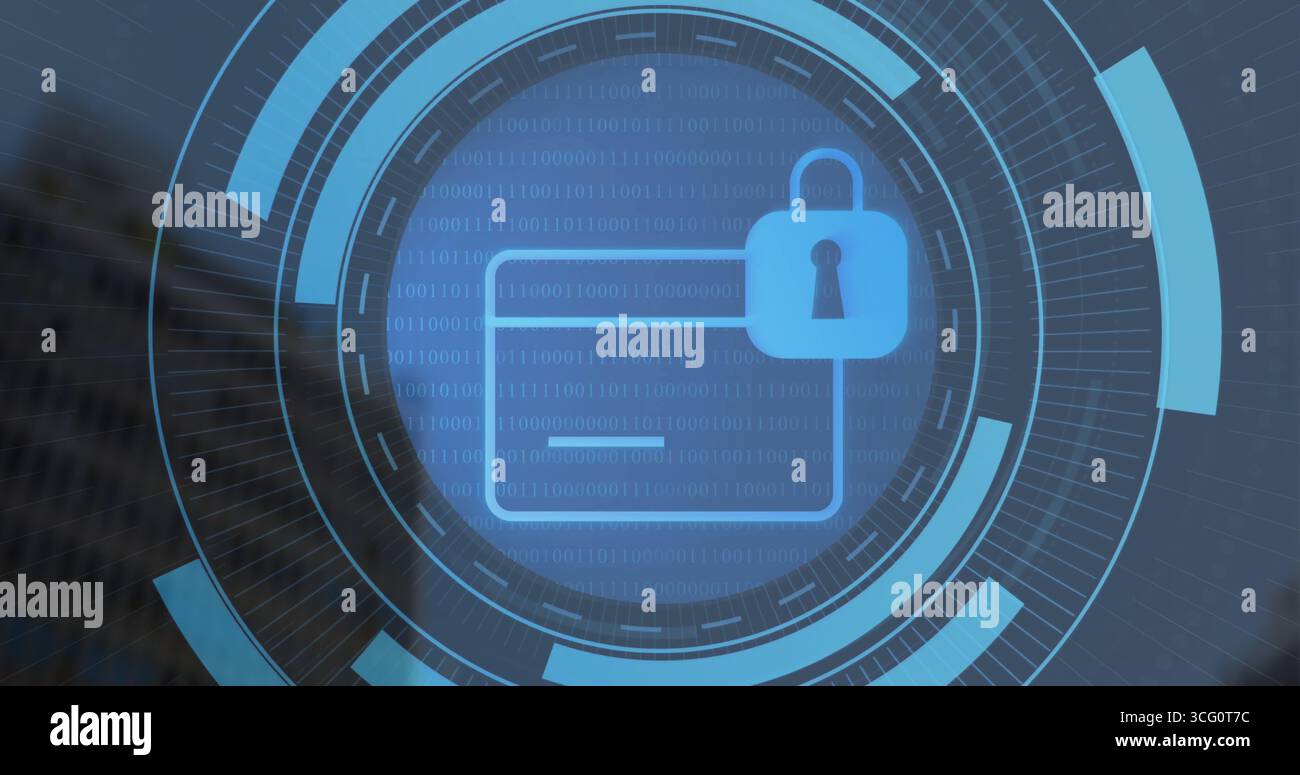 Displaying security icon with access card outline and padlock on office facade with binary code ...