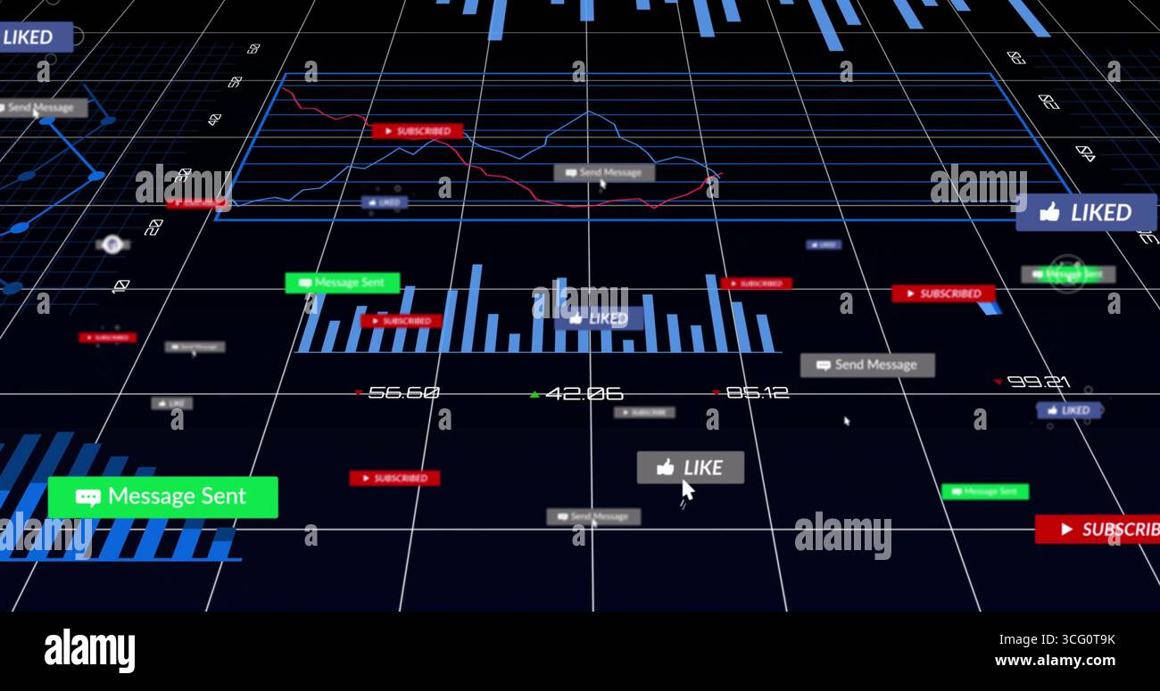 Displaying data on virtual grid plane showing charts, notifications and ...