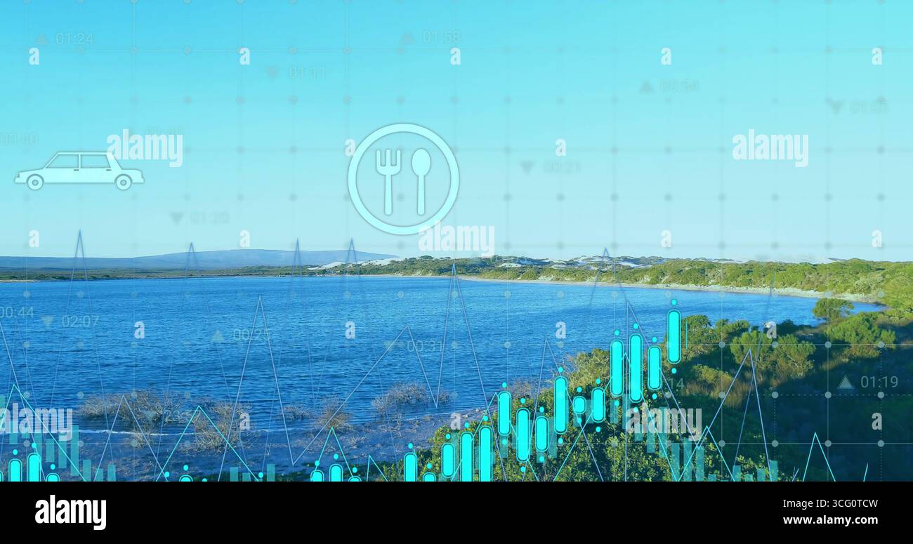 Coastal bay featuring data grid and teal charts in lagoon, with car ...