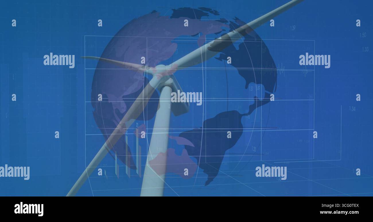 Displaying white wind turbine tower crossing clear globe on blue data ...