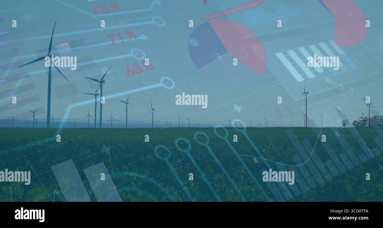 Displaying continuous line of wind turbines towering over green field ...