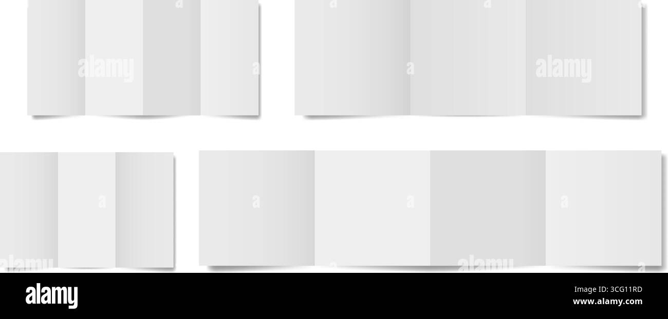 Set of white folded paper sheets. Double gate fold. Vertical pages ...