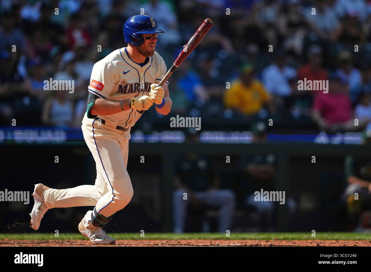 Seattle Mariners' Luke Raley follows through against the Athletics ...