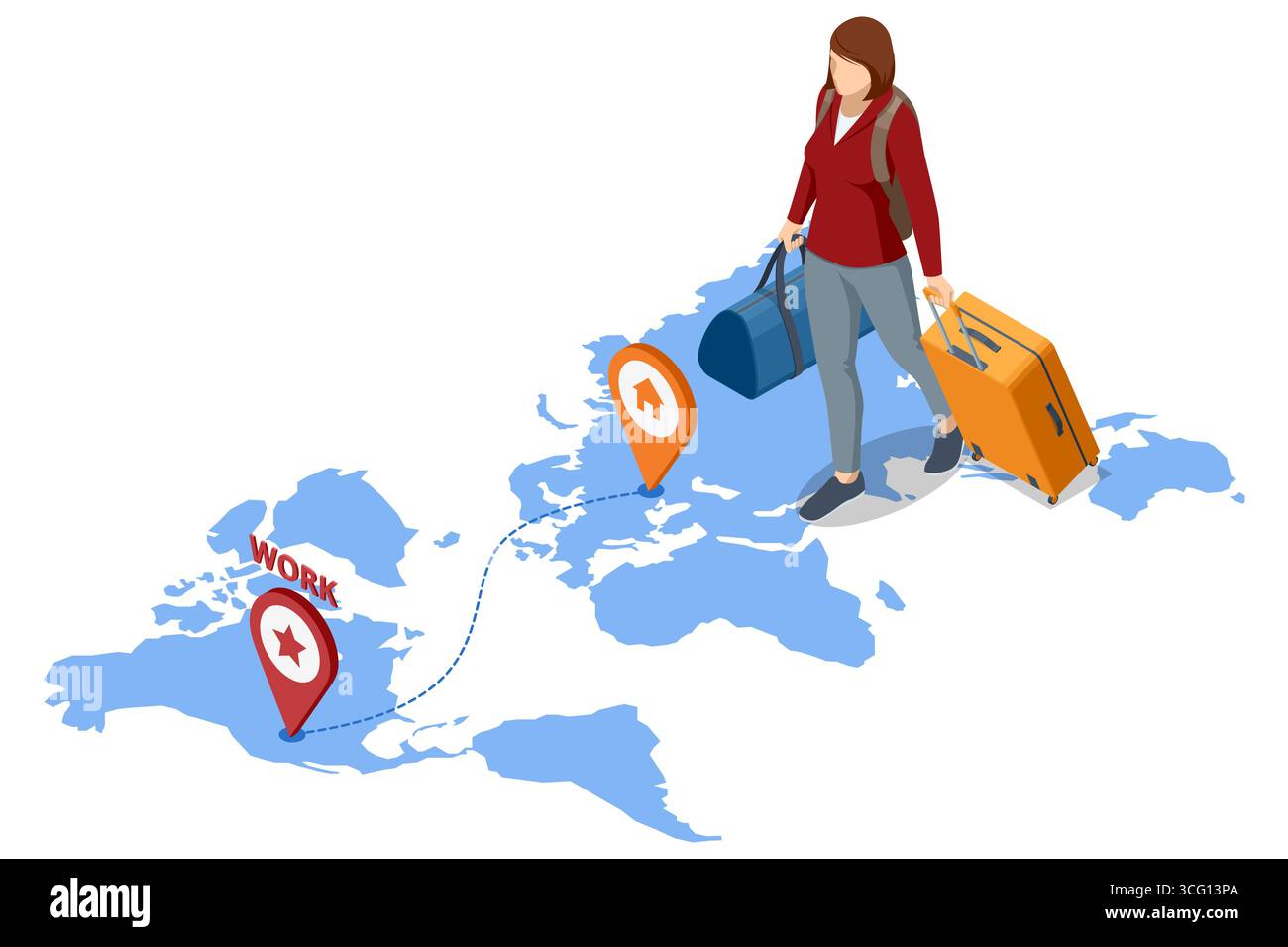 Isometric illustration of female worker migration. Woman with luggage ...