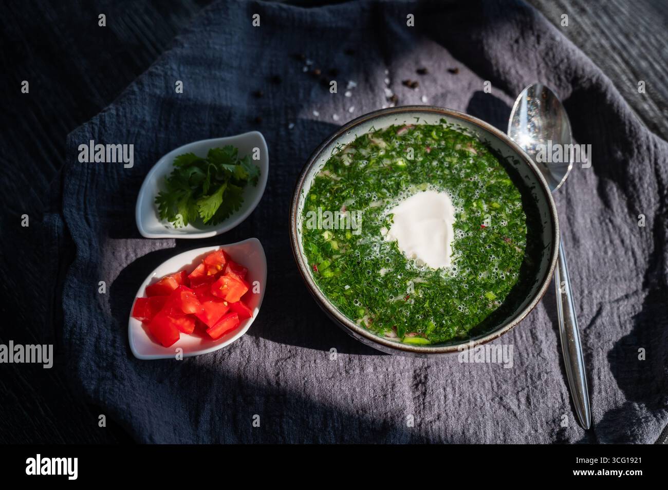 Traditional Russian lunch in a cafe. Top view of okroshka Stock Photo ...