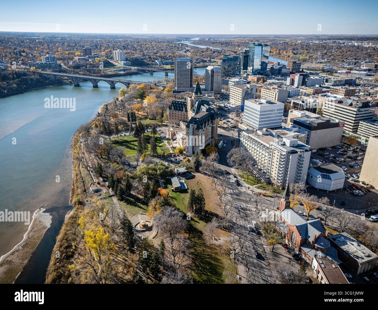 A high-resolution aerial drone photo of downtown Saskatoon ...