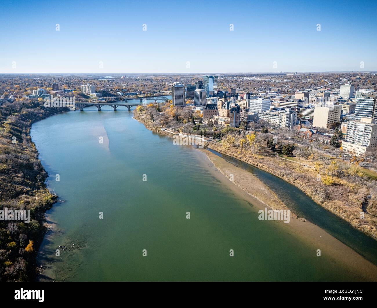 A high-resolution aerial drone photo of downtown Saskatoon ...