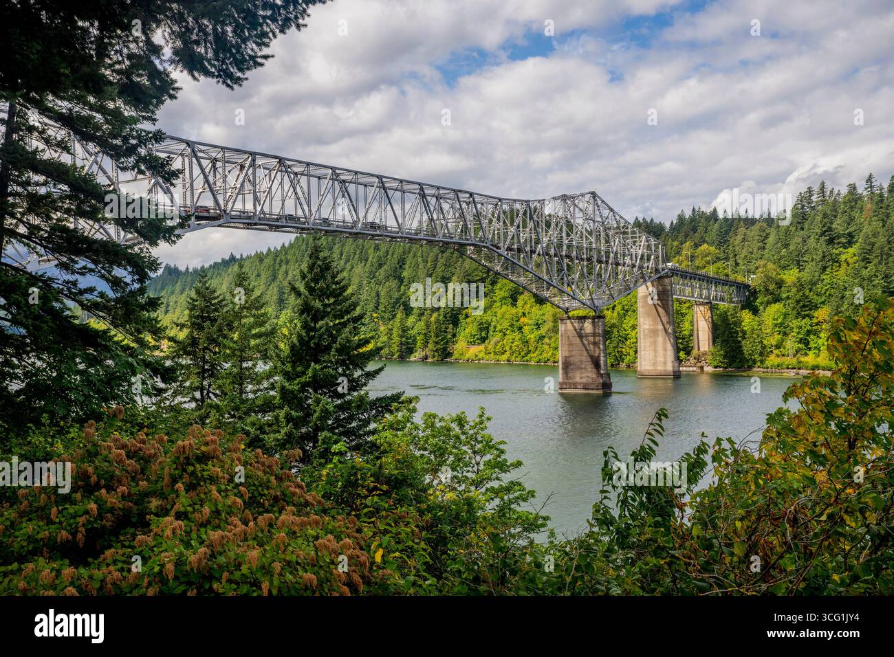 View of the Bridge of the Gods, a steel truss cantilever bridge that ...