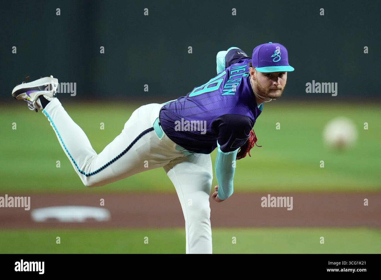 Arizona Diamondbacks starting pitcher Ryne Nelson warms up prior to a ...