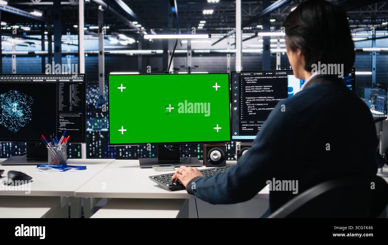 Data center admin typing on isolated screen PC keyboard, using AI. IT ...