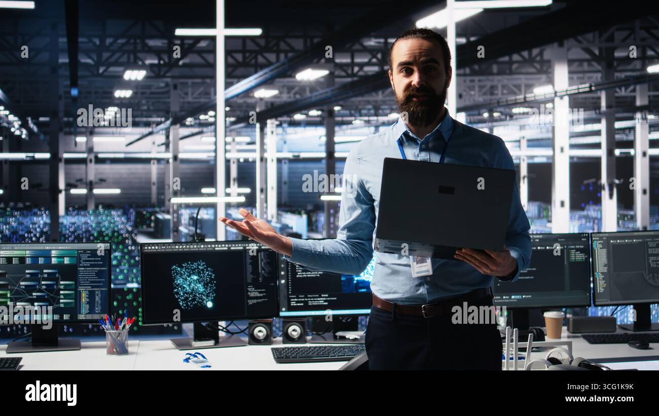Data center manager showcasing AI technology, filming presentation ...
