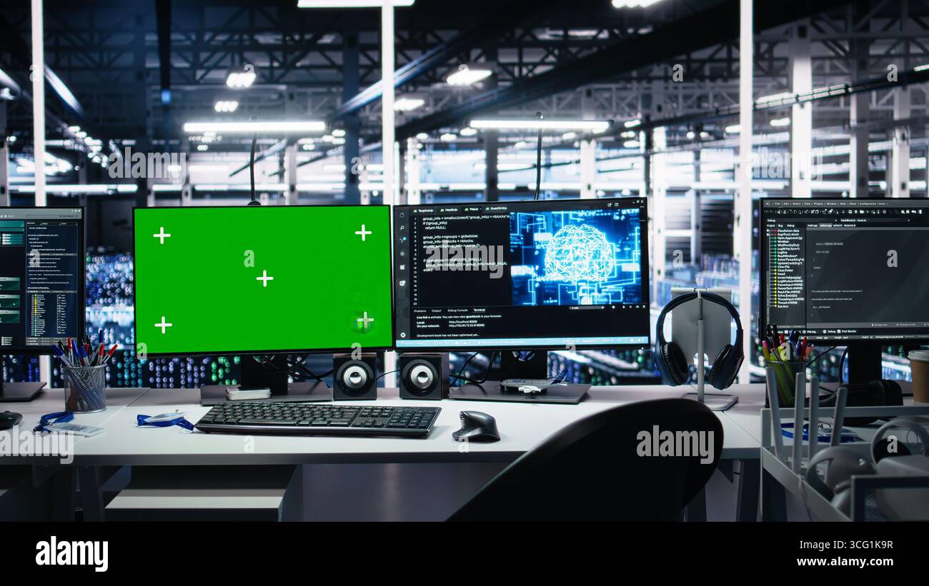 Data center green screen computers showing neural network visualization ...