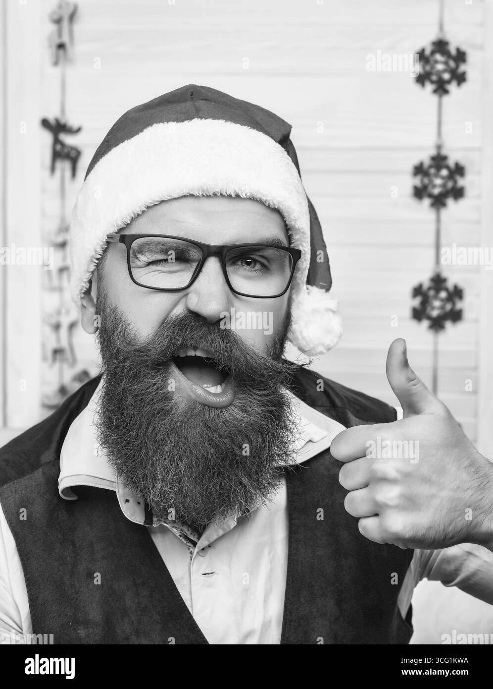 Santa man in retro style with moustache. Cozy Christmas at home. Man ...