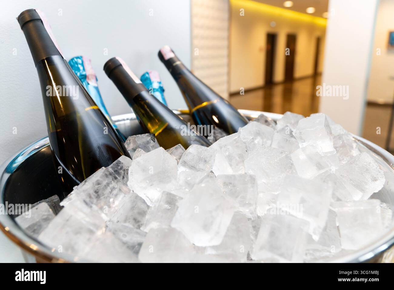Elegant banquet setup with wine and champagne bottles chilling in a ...