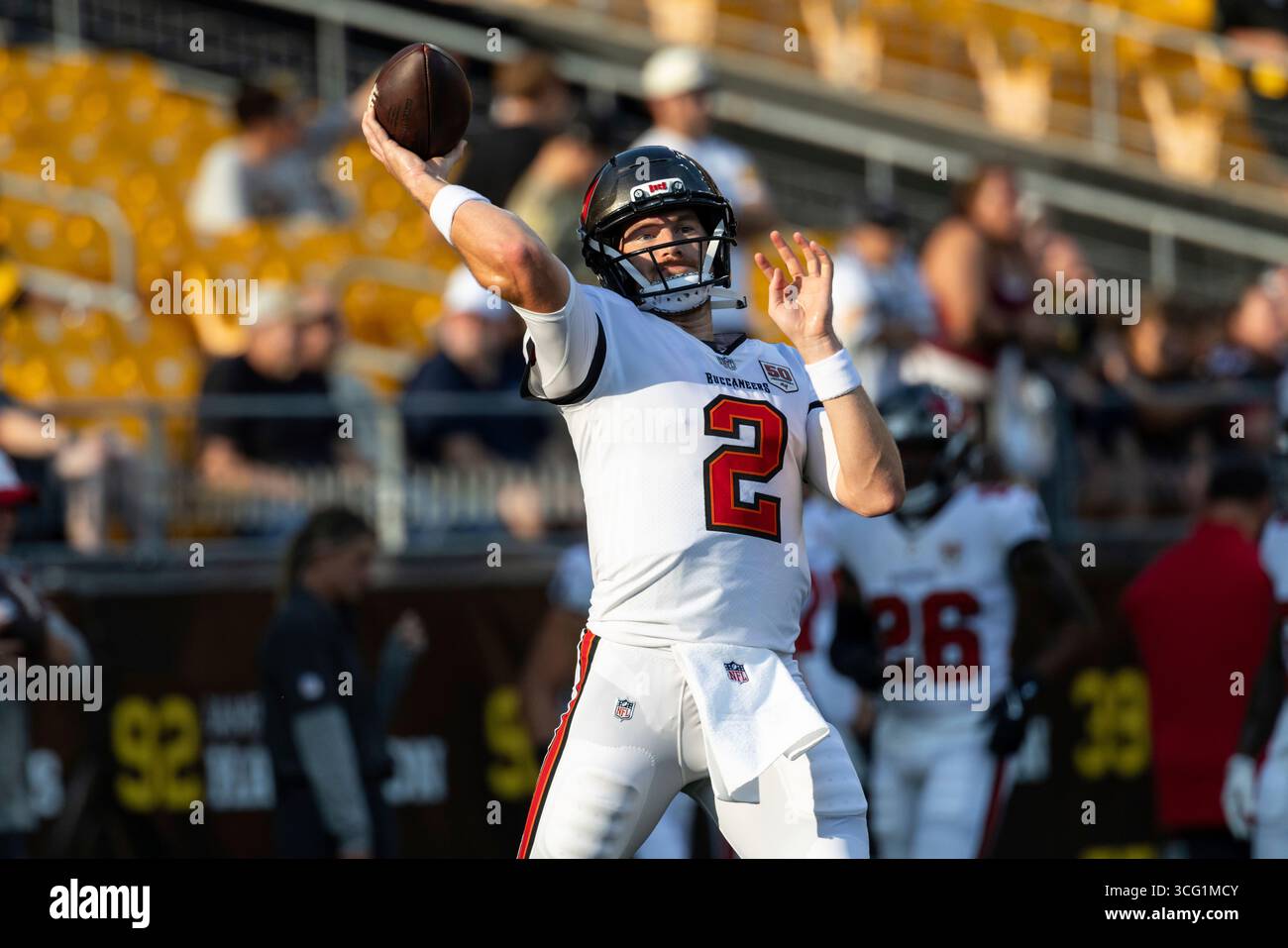 Tampa Bay Buccaneers quarterback Kyle Trask (2) throws a pass before a ...