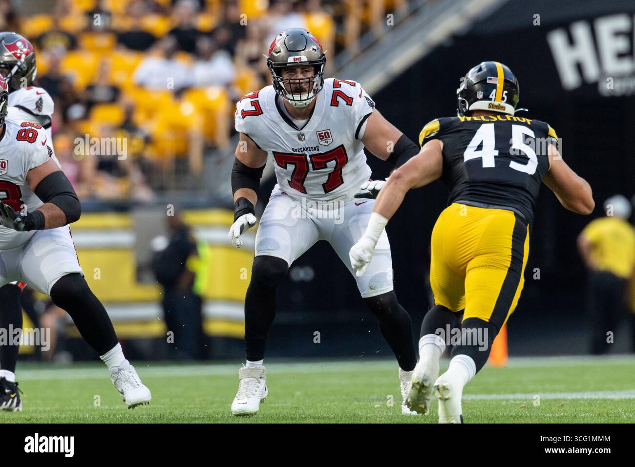 Tampa Bay Buccaneers offensive tackle Charlie Heck (77) blocks during a ...