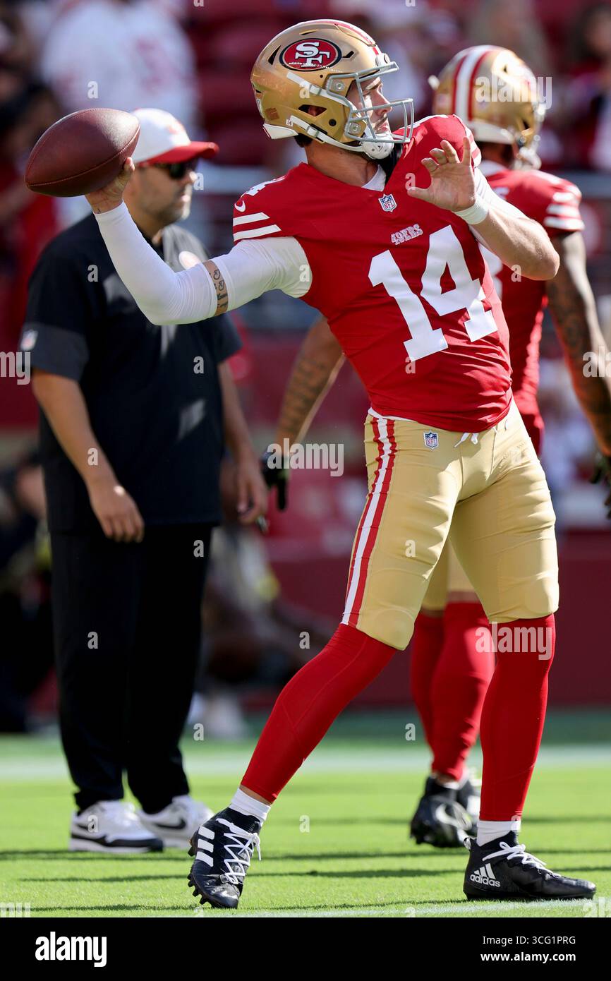 San Francisco 49ers quarterback Carter Bradley (14) throws during an ...