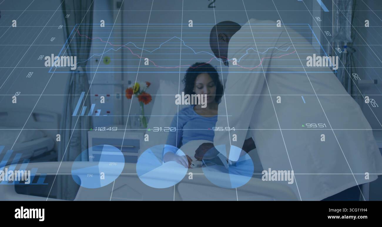 Reviewing doctor in lab coat holding clipboard beside bed, observing ...