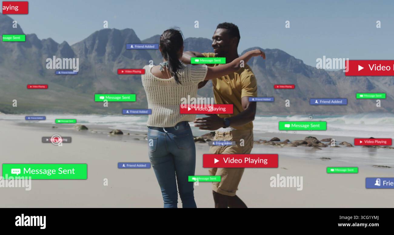 Couple dancing and embracing at sandy shoreline, with floating green ...