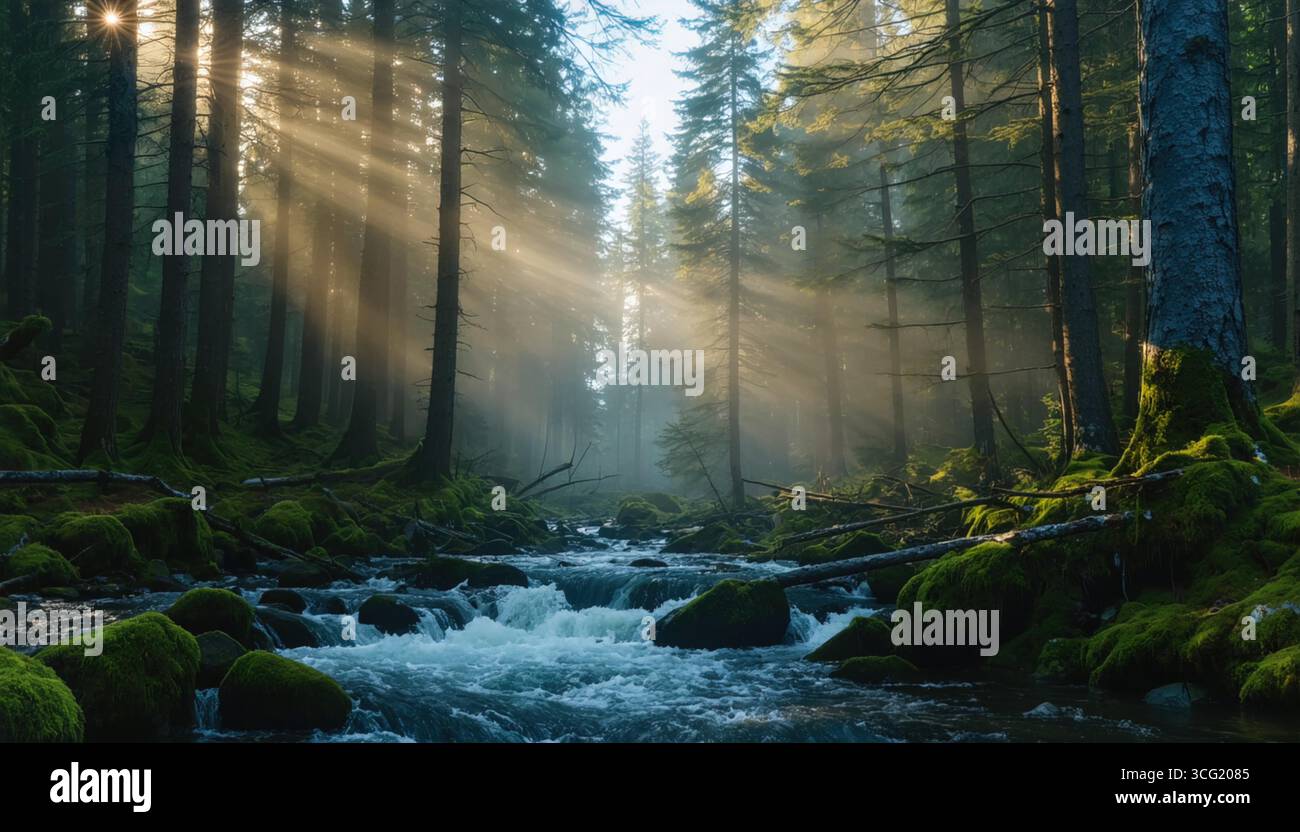 Misty pine forest at sunrise with sun rays shining through trees and a ...