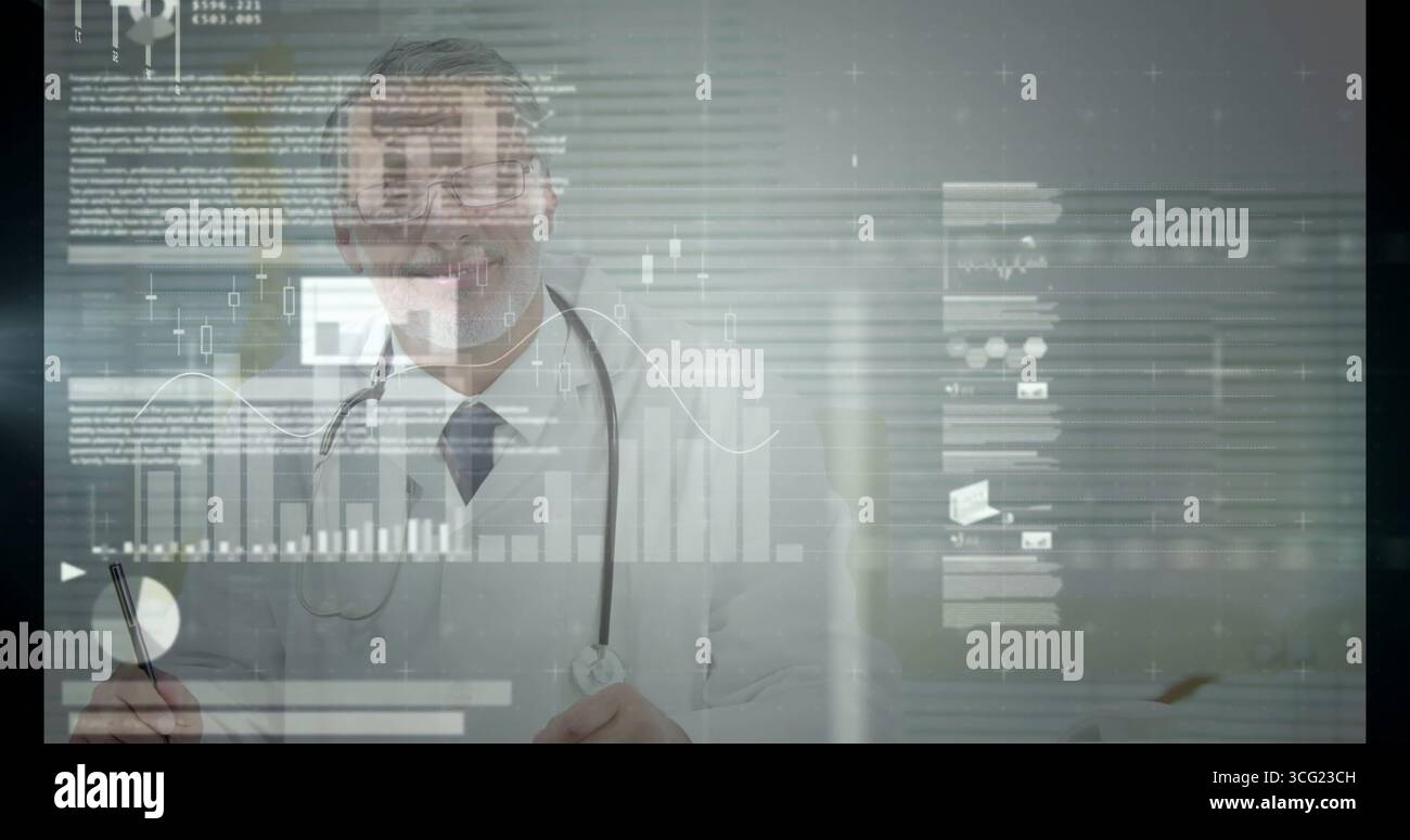 Doctor wearing white coat and tie explaining charts on digital ...