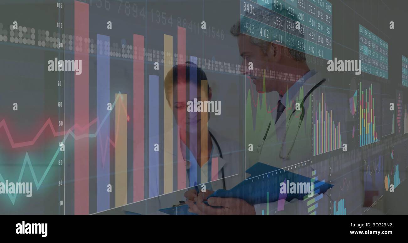 Analyzing doctors with stethoscopes in white coats examining blue ...