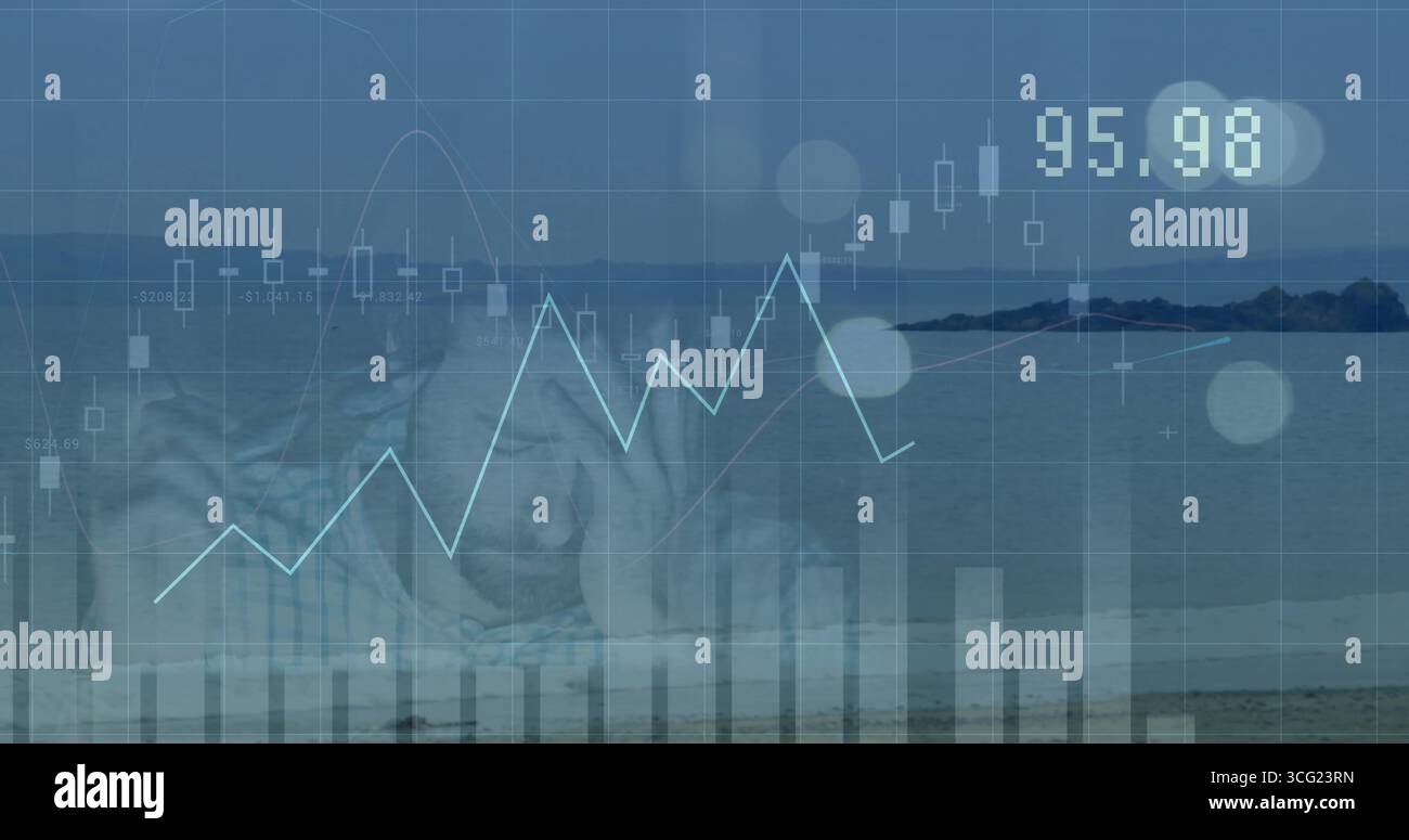 Showing chart overlay over beach, featuring candlestick bars line graph ...
