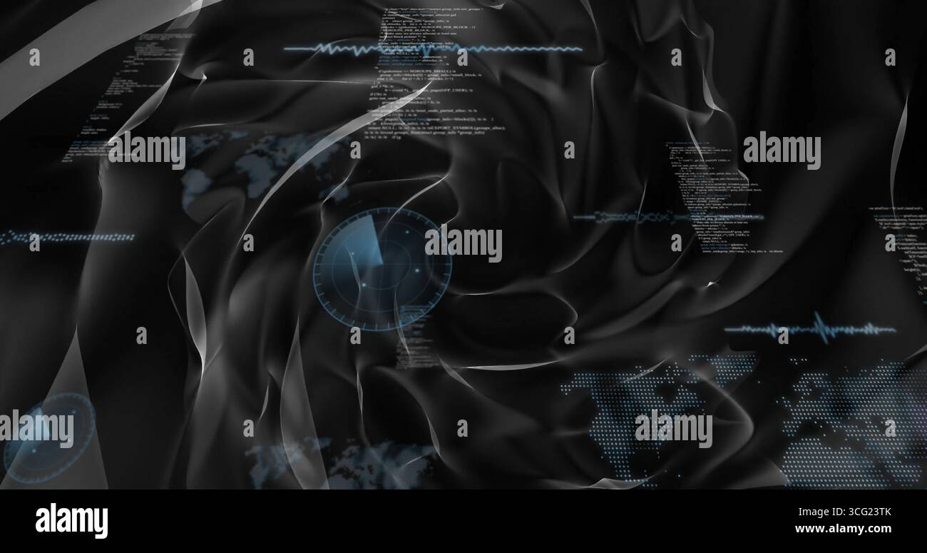Pulsing radar-like display rotating in data interface, with code blocks ...