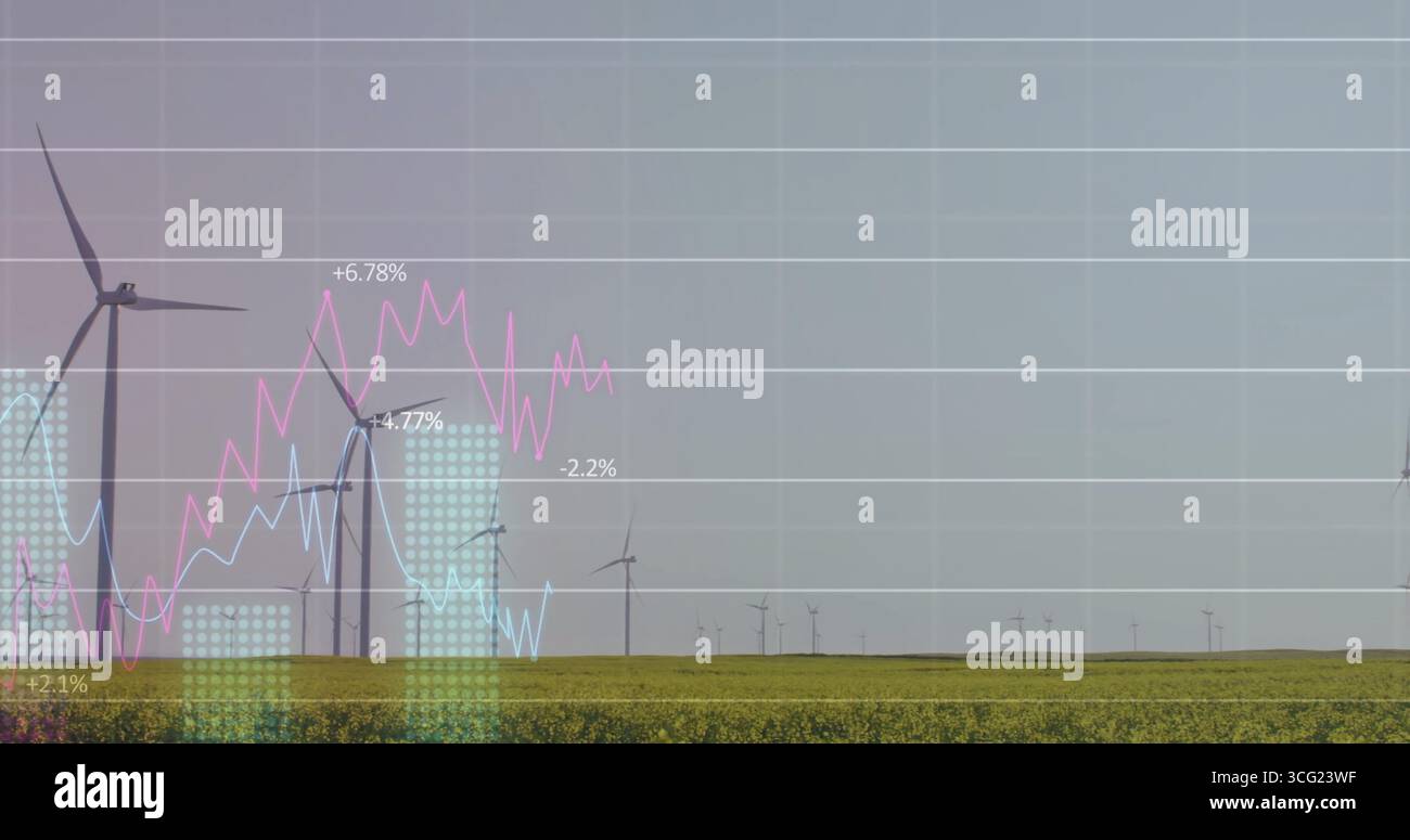 Displaying wind turbines rotating over yellow crop field, with grid ...
