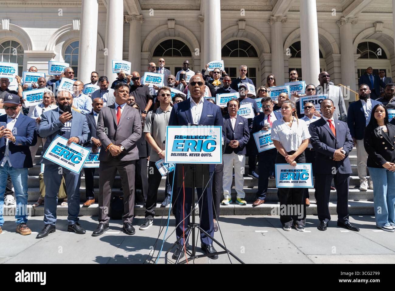 Mayor Eric Adams speaks at the rally as small business owners endorsed ...