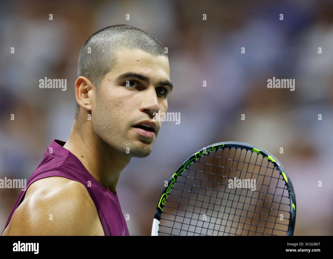 Carlos Alcaraz of Spain debuts a new shaved hair cut style when he ...