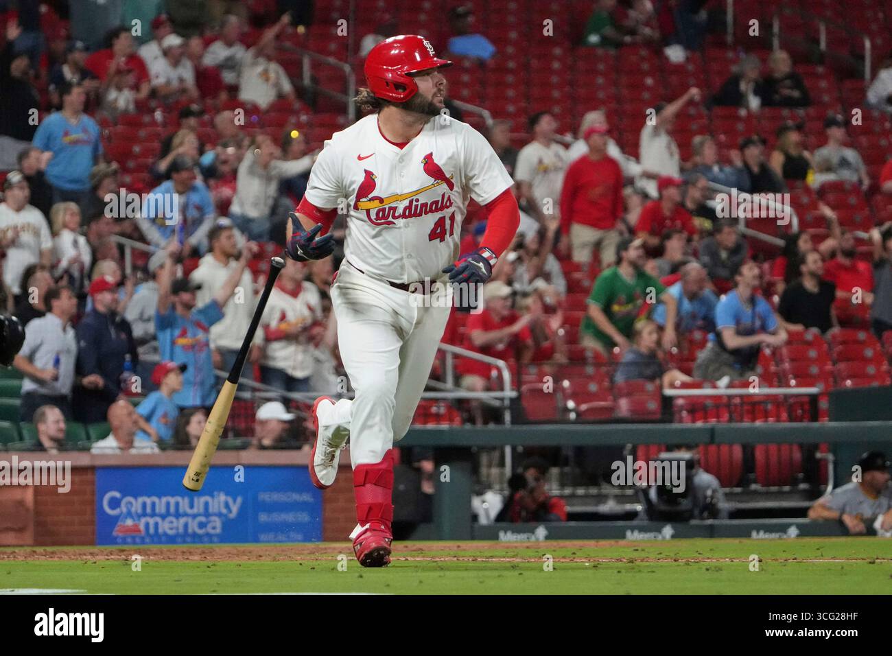 St. Louis Cardinals' Alec Burleson watches his walk-off home run during ...