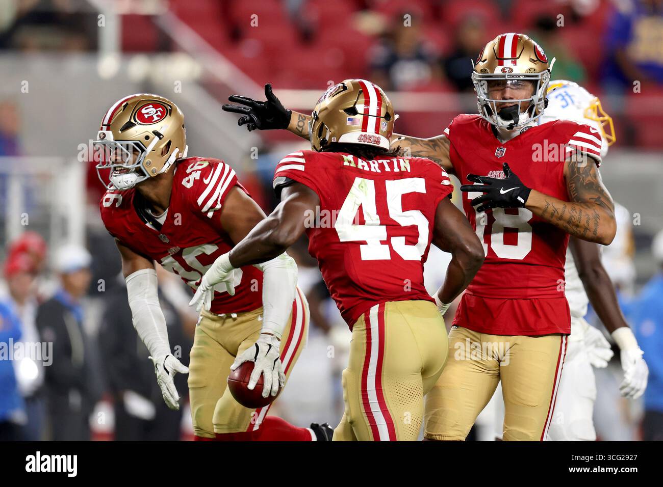 San Francisco 49ers linebacker Chazz Surratt (46) reacts after a ...