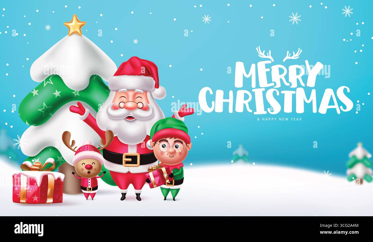 Christmas Clipart with Santa, Elf, Reindeer, and Holiday Tree in Snow ...