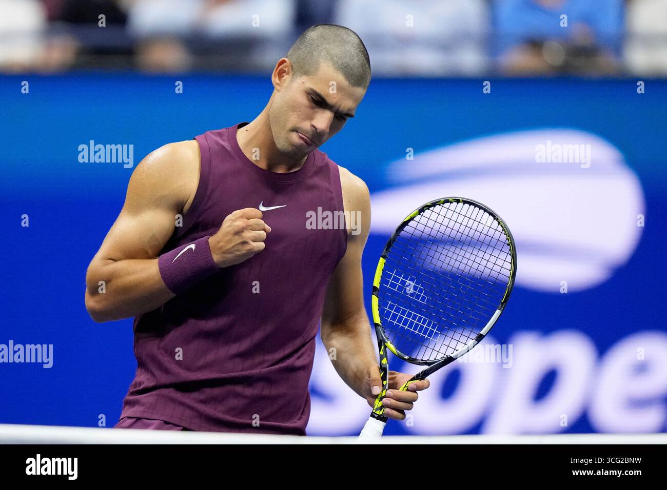Carlos Alcaraz, of Spain, reacts against Reilly Opelka, of the United ...