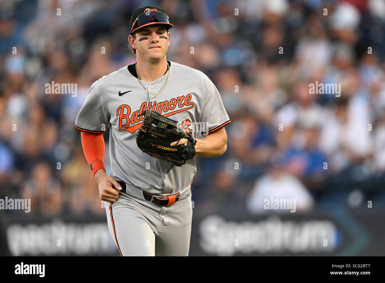 Baltimore Orioles first baseman Coby Mayo (16) jogs back to the dugout ...