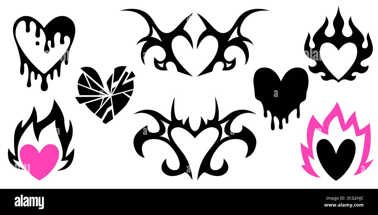 Y2k gothic heart collection with melting black silhouettes, tribal ...