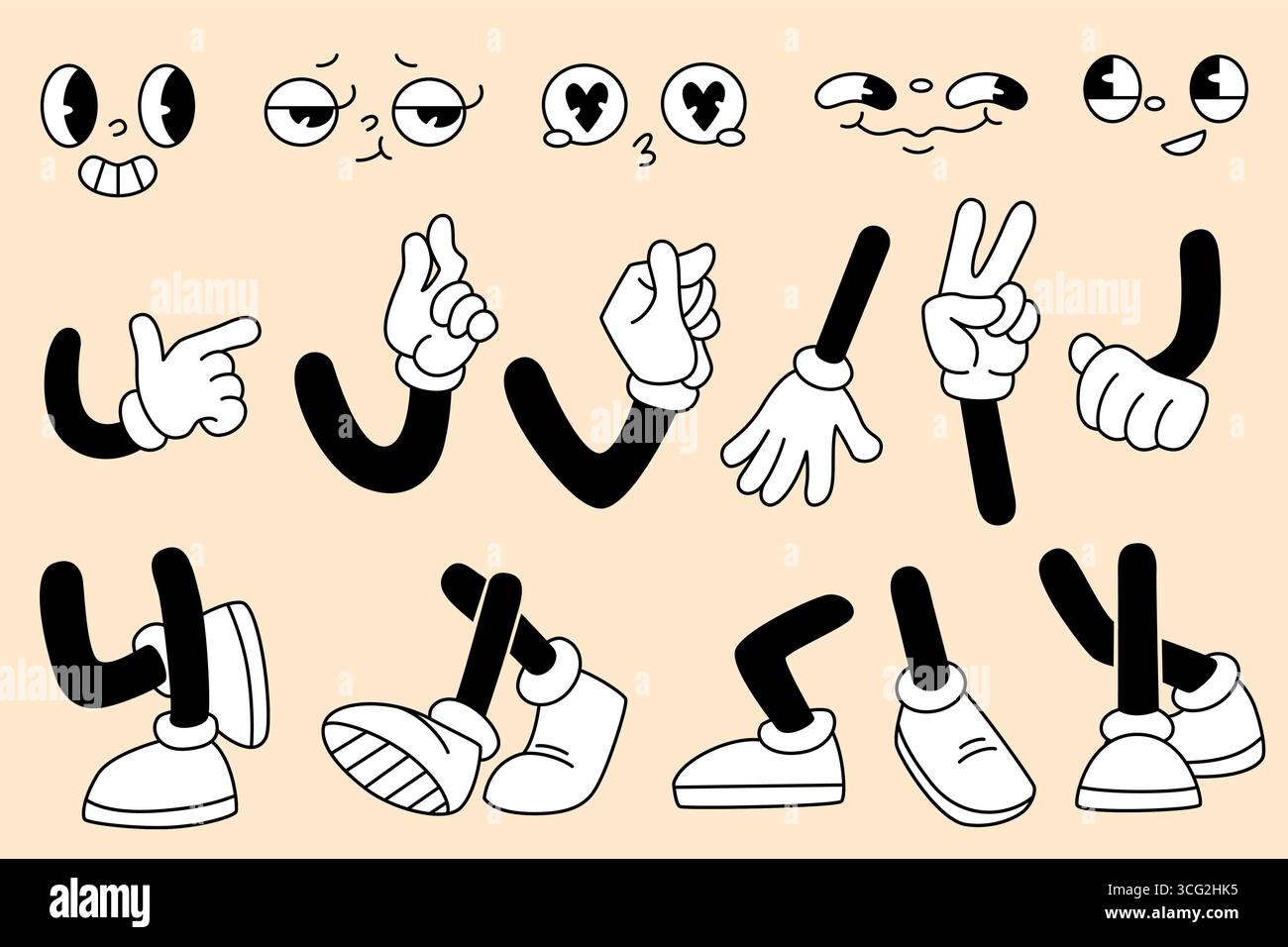 Cartoon groovy collection of legs with sneakers and retro rubber hose ...