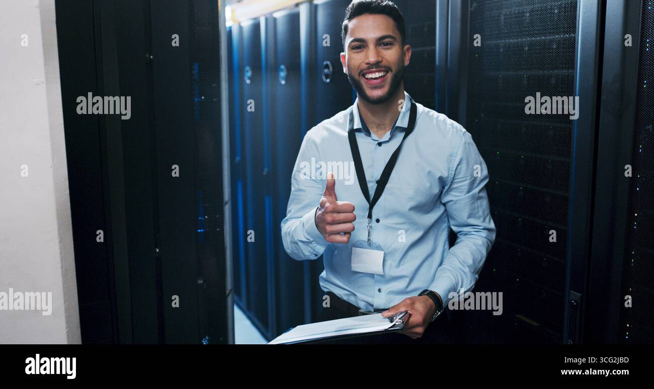 Happy man, portrait and server room with thumbs up for network control ...