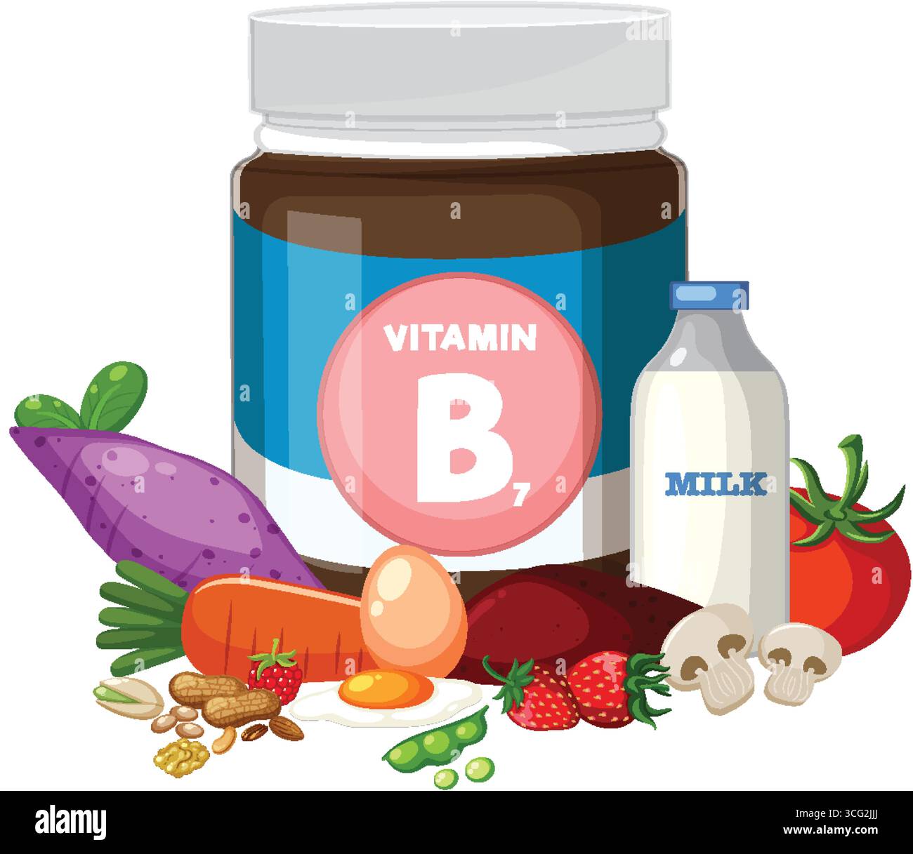 Flat vector illustration of a Vitamin B7 supplement jar with biotin ...