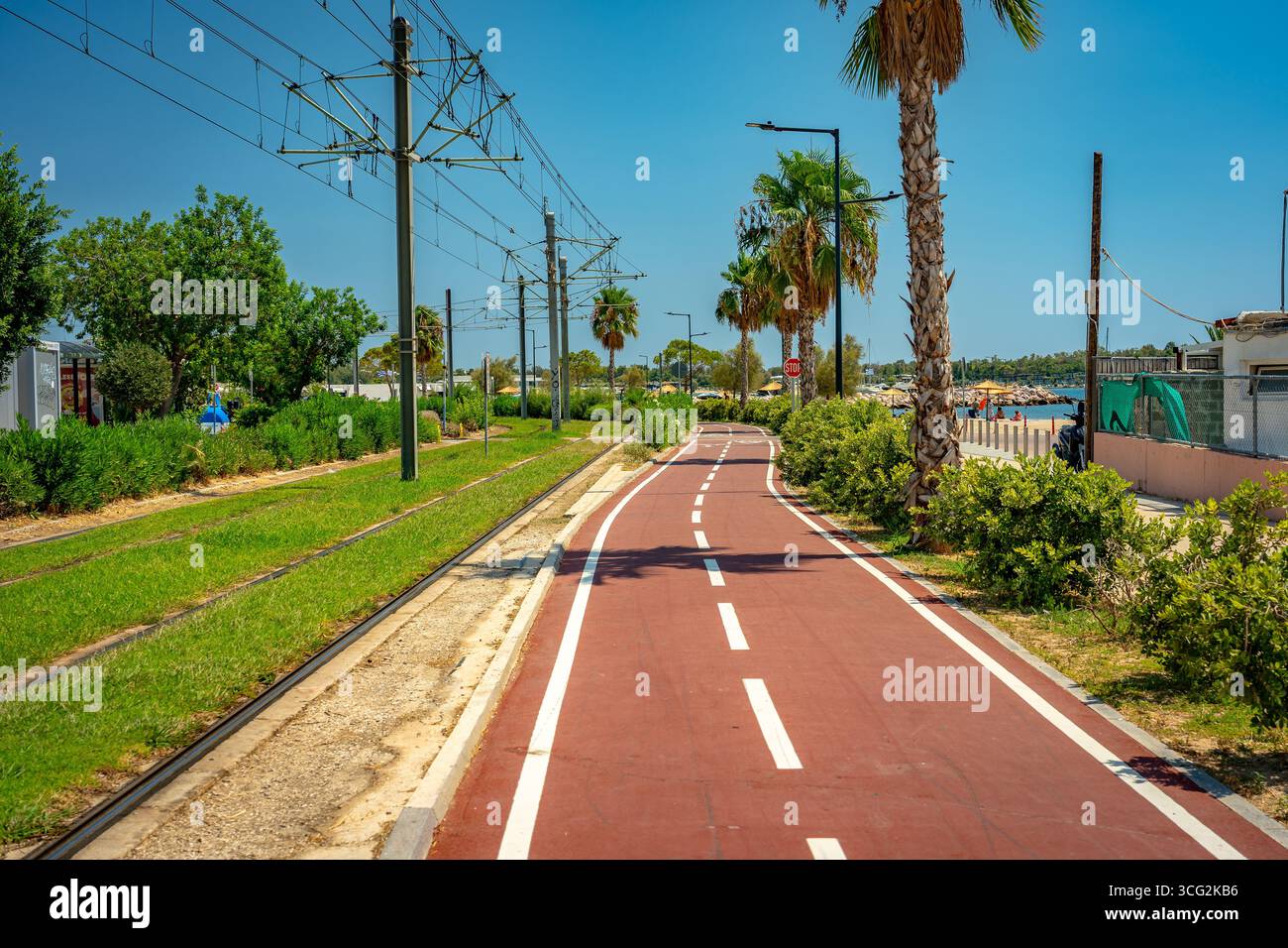Athens, Greece - Tram track and bicycle track in Glyfada suburb Stock ...